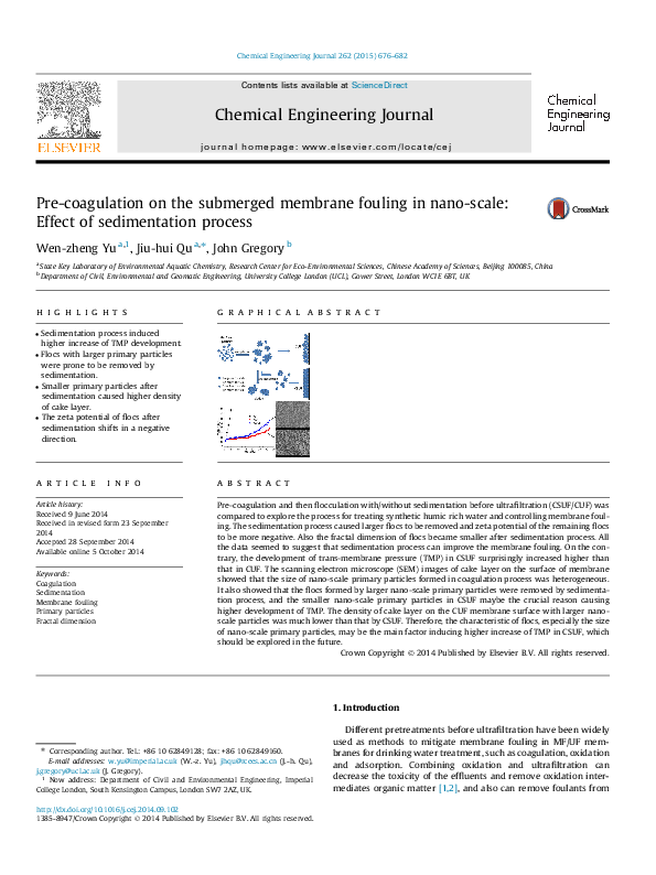 (PDF) Pre-coagulation on the submerged membrane fouling in nano-scale: Effect of sedimentation ...