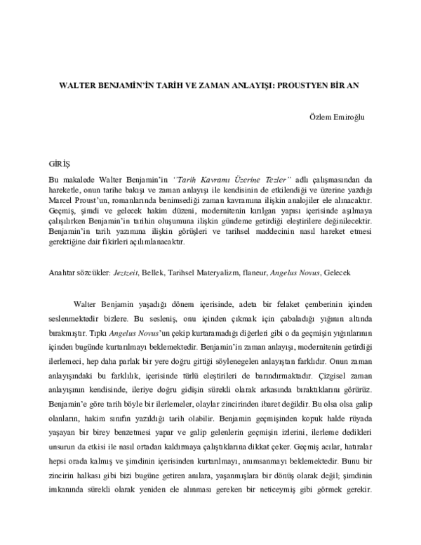 (PDF) WALTER BENJAMIN'İN TARİH VE ZAMAN ANLAYIŞI: PROUSTYEN BİR AN