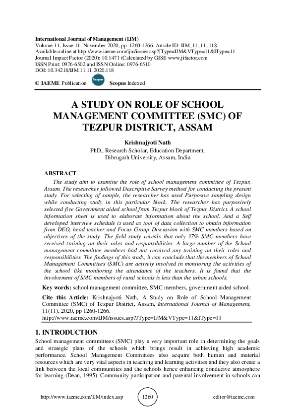 (PDF) A STUDY ON ROLE OF SCHOOL MANAGEMENT COMMITTEE (SMC) OF TEZPUR ...