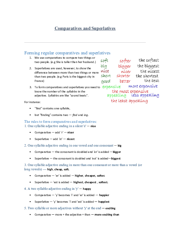(DOC) Comparatives and Superlatives Forming regular comparatives and ...
