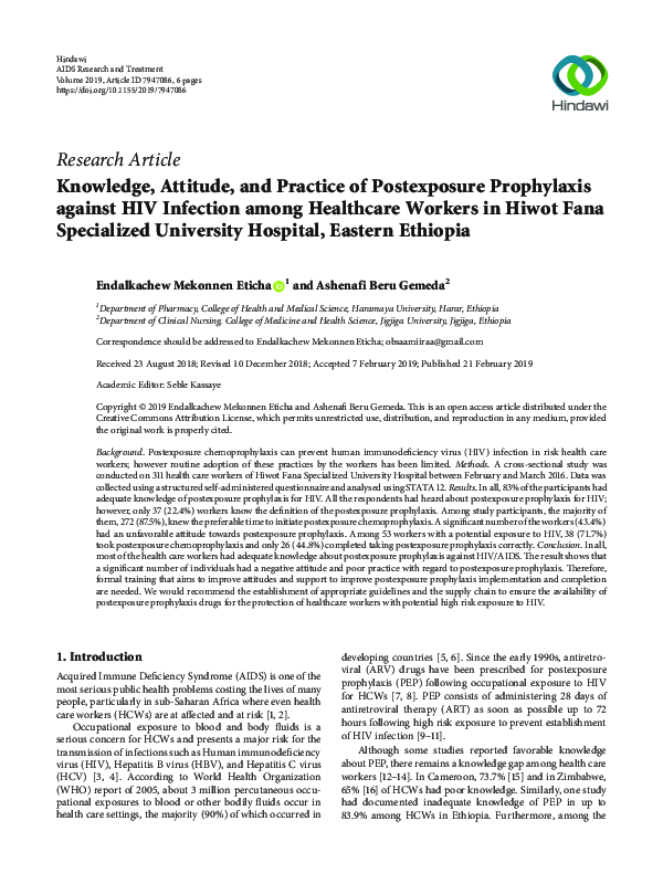 (PDF) Knowledge, Attitude, and Practice of Postexposure Prophylaxis against HIV Infection among ...