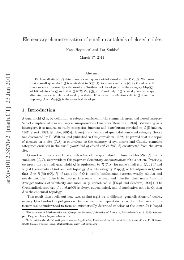 (PDF) Elementary characterisation of small quantaloids of closed cribles