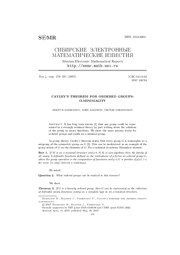 (PDF) Cayley’s theorem for ordered groups: o-minimality