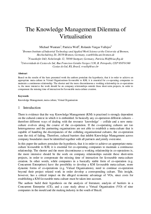 (PDF) The knowledge management dilemma of virtualisation
