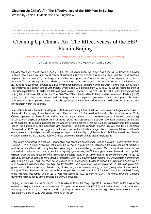 (PDF) Cleaning Up China's Air: The Effectiveness of the EEP Plan in Beijing