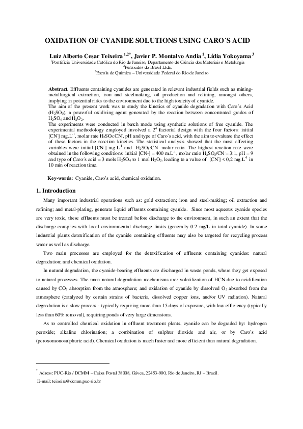 (PDF) Oxidation of Cyanide Solutions Using Caros Acid