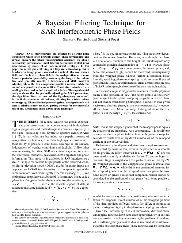 Pdf A Bayesian Filtering Technique For Sar Interferometric Phase Fields