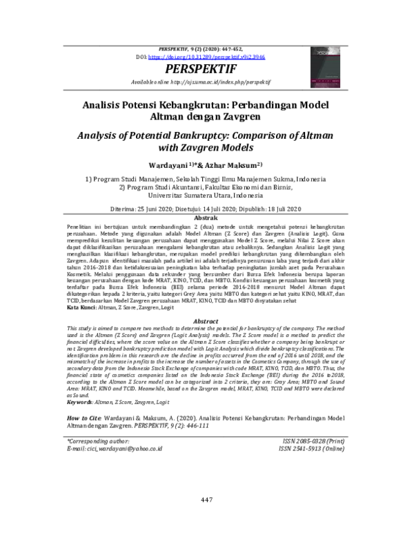 (PDF) Analisis Potensi Kebangkrutan: Perbandingan Model Altman dengan ...