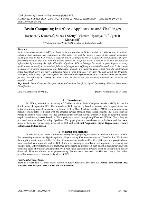 (PDF) Brain Computing Interface -Applications and Challenges