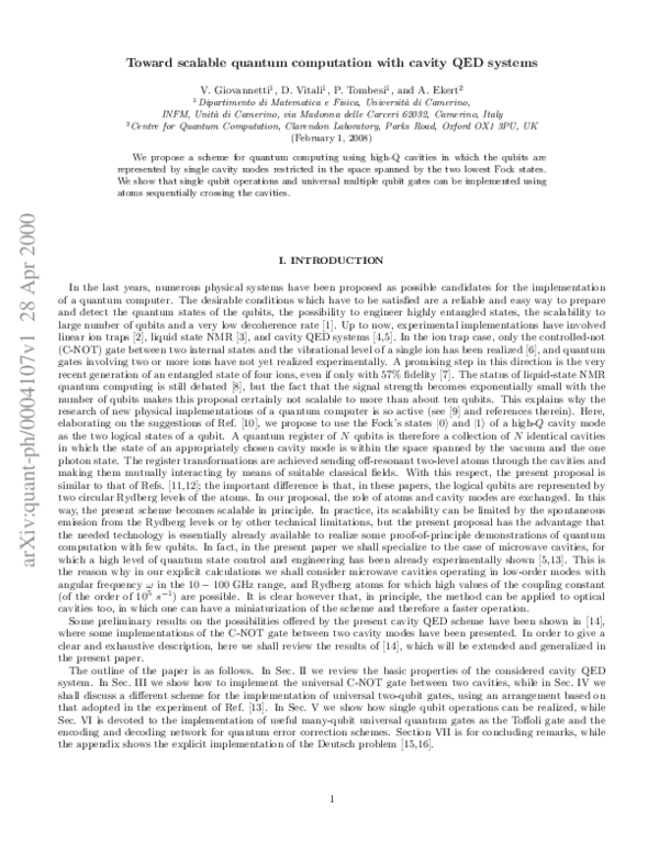 Pdf Scalable Quantum Computation With Cavity Qed Systems