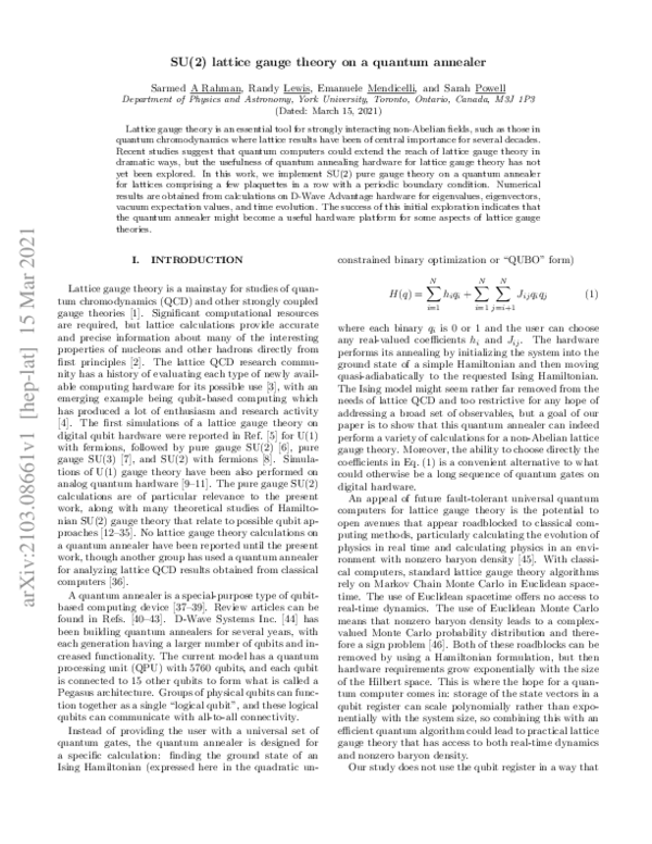Pdf Su 2 Lattice Gauge Theory On A Quantum Annealer