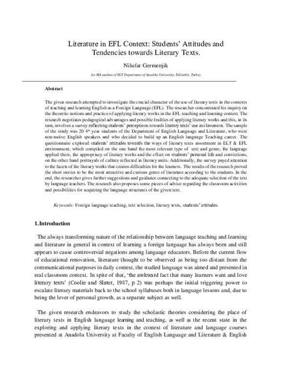 (PDF) Literature in EFL Context: Students' Attitudes and Tendencies ...