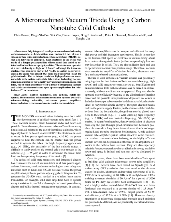 (PDF) A micromachined vacuum triode using a carbon nanotube cold cathode