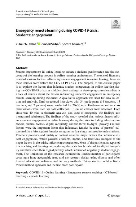 (PDF) Emergency remote learning during COVID‑19 crisis: Students ...