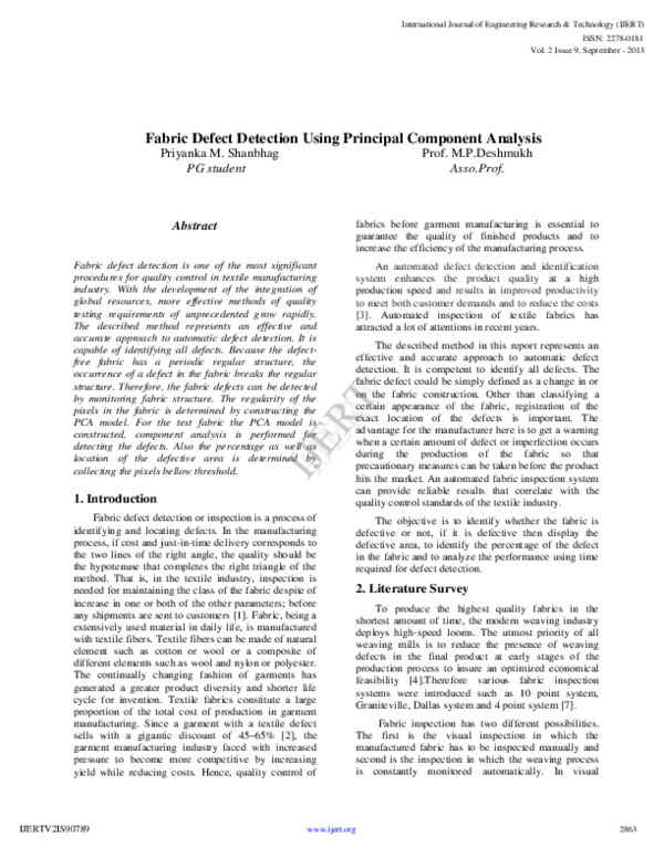 Pdf Ijert Fabric Defect Detection Using Principal Component Analysis 
