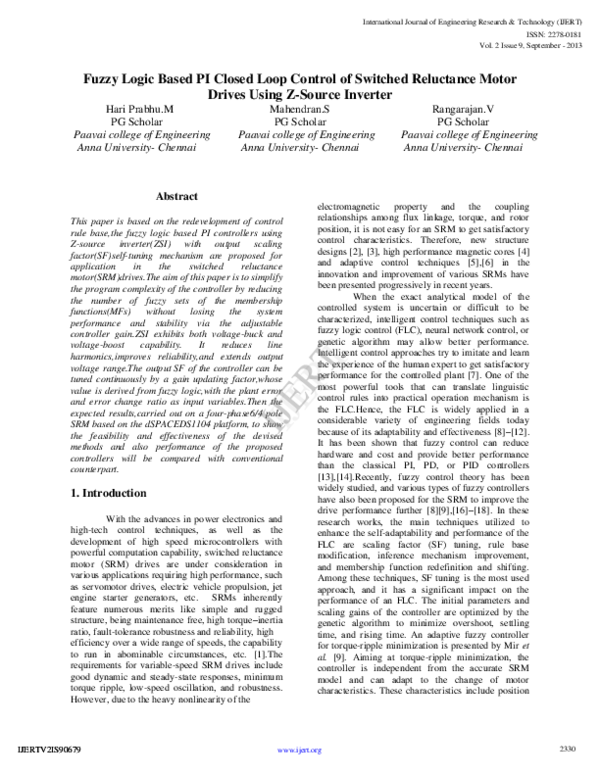 Pdf Fuzzy Logic Based Pi Closed Loop Control Of Switched Reluctance Motor Drives Using Z