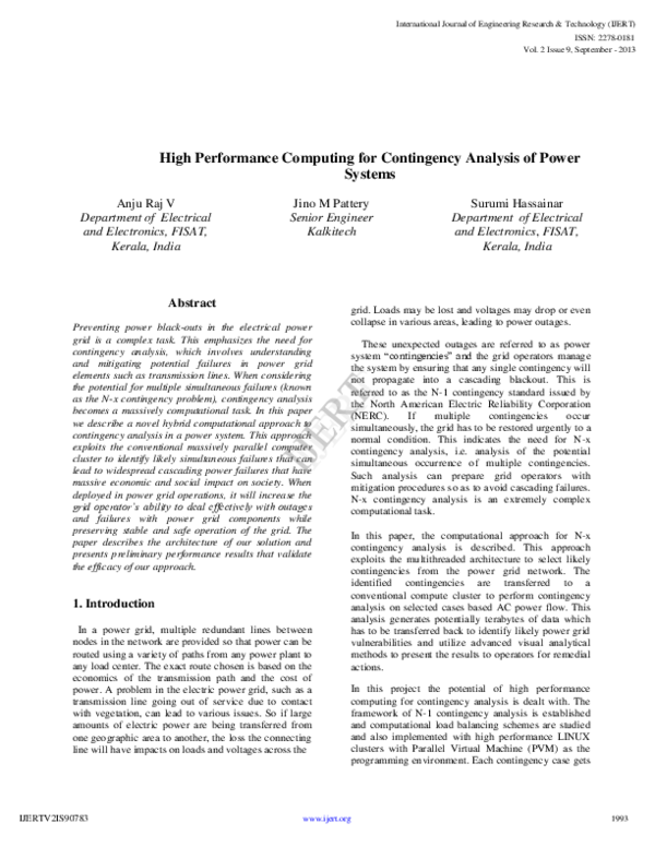 (PDF) IJERT-High Performance Computing for Contingency Analysis of Power Systems