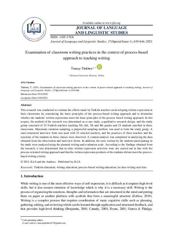 (PDF) JOURNAL OF LANGUAGE AND LINGUISTIC STUDIES Examination of classroom writing practices in ...