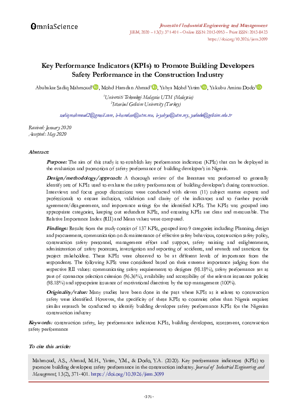 (PDF) Key Performance Indicators (KPIs) to Promote Building Developers ...