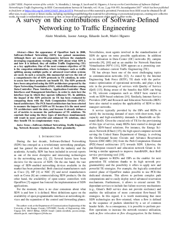 (PDF) A survey on the contributions of Software-Defined Networking to Traffic Engineering