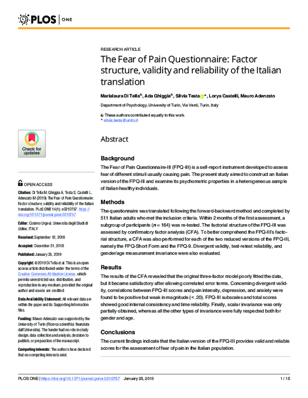 (PDF) The Fear of Pain Questionnaire: Factor structure, validity and ...