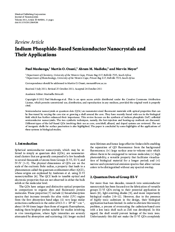 (PDF) Indium Phosphide-Based Semiconductor Nanocrystals and Their ...