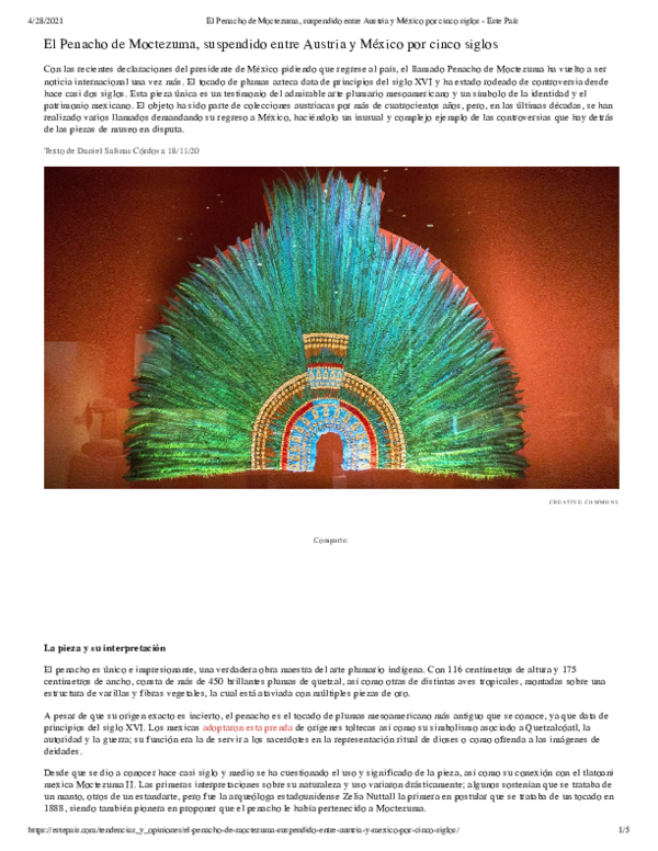 (PDF) El Penacho de Moctezuma suspendido entre Austria y Mexico por ...