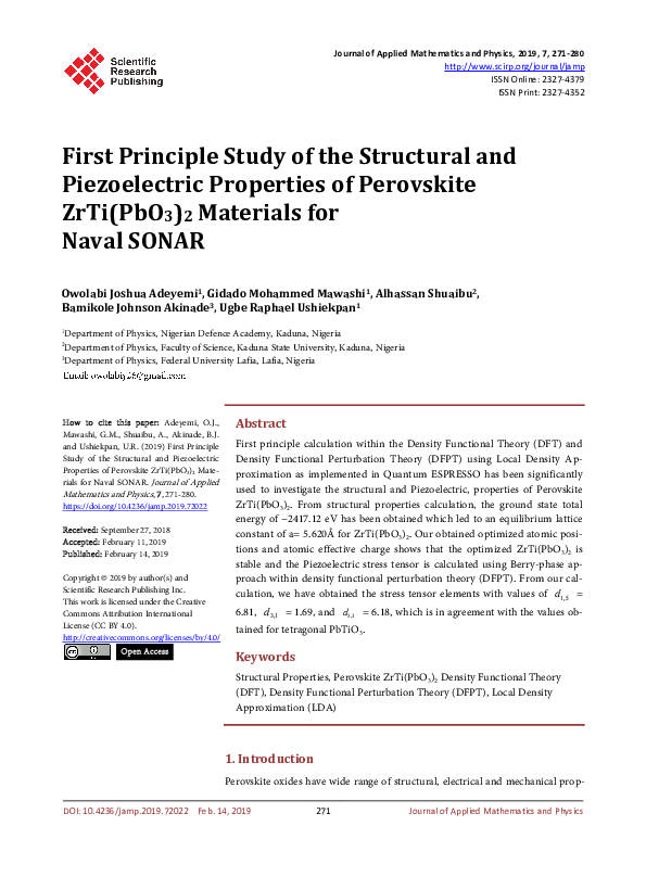 (PDF) First Principle Study of the Structural and Piezoelectric ...