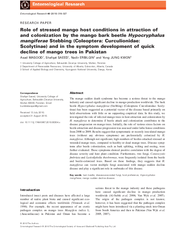 (PDF) Role of stressed mango host conditions in attraction of and ...