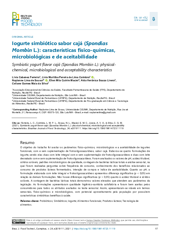(PDF) Iogurte simbiótico sabor cajá (Spondias Mombin L ...