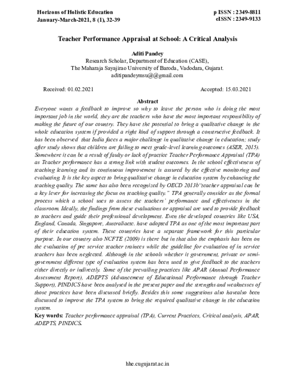 (PDF) Teacher Performance Appraisal at School: A Critical Analysis
