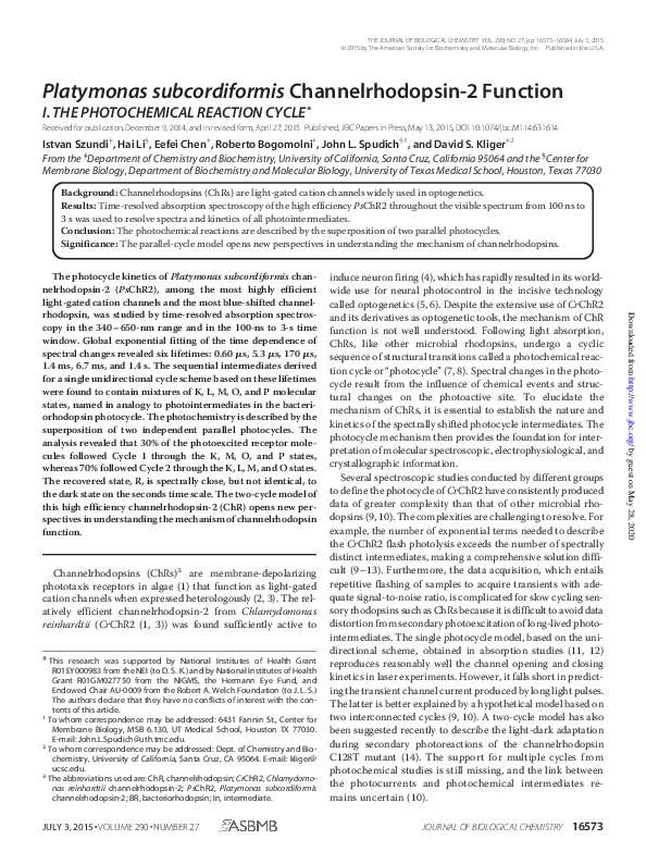 (PDF) Platymonas Subcordiformis Channelrhodopsin-2 Function. Part I ...