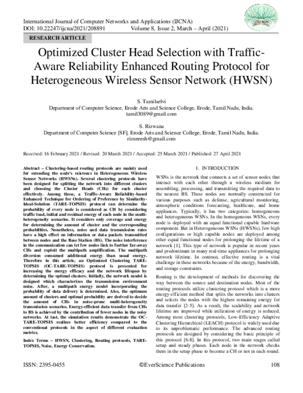 Pdf Optimized Cluster Head Selection With Traffic Aware Reliability Enhanced Routing Protocol