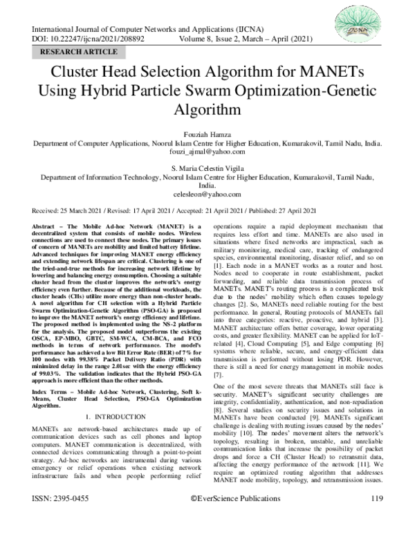Pdf Cluster Head Selection Algorithm For Manets Using Hybrid Particle