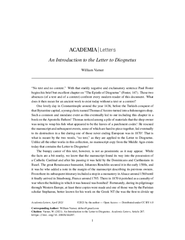 (PDF) An Introduction to the Letter to Diognetus