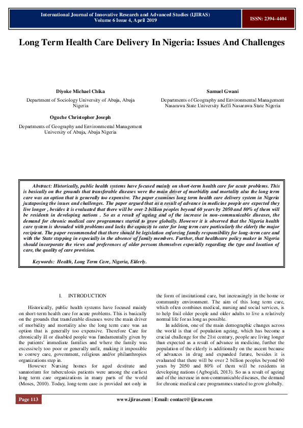 (PDF) Long Term Health Care Delivery In Nigeria: Issues And Challenges
