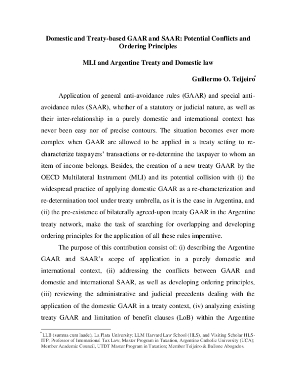 (PDF) Domestic and Treaty-based GAAR and SAAR: Potential Conflicts and ...