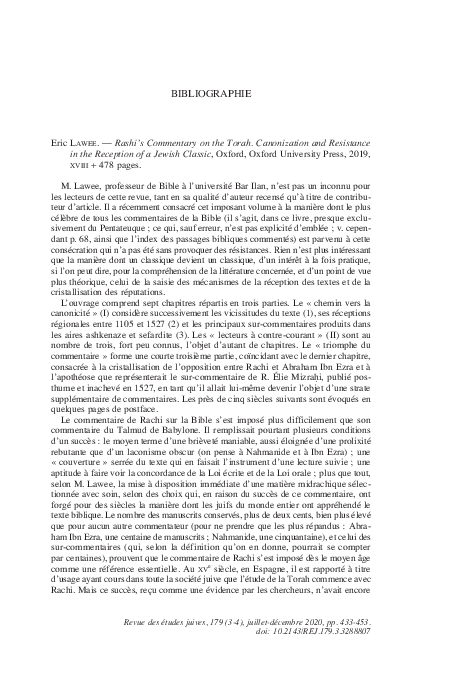 (PDF) Review of Lawee, Rashi, Jean-Pierre Rothschild in REJ 179