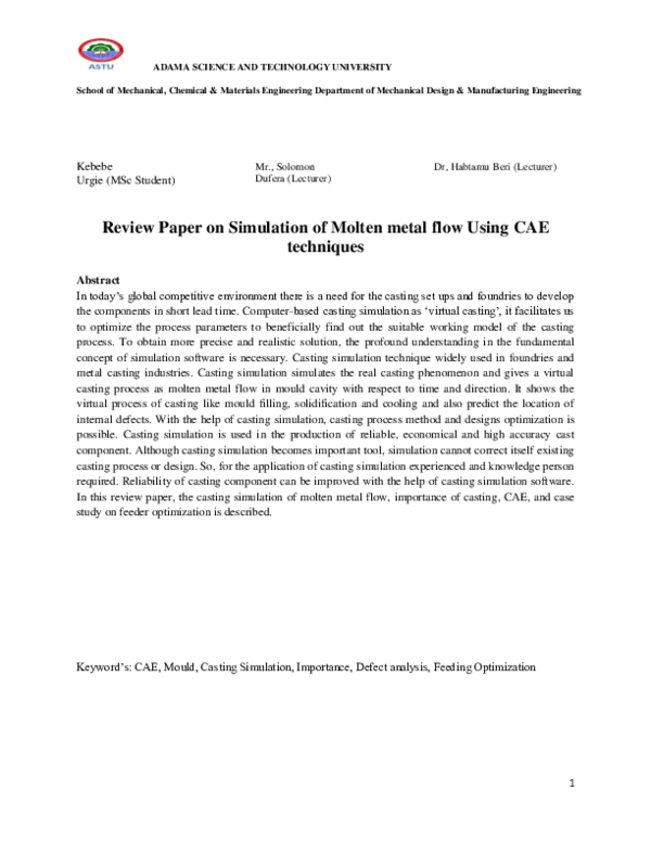 (PDF) Kebebe Urgie (MSc Student) Review Paper on Simulation of Molten metal flow Using CAE ...