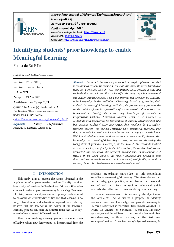 (PDF) Identifying students' prior knowledge to enable Meaningful Learning