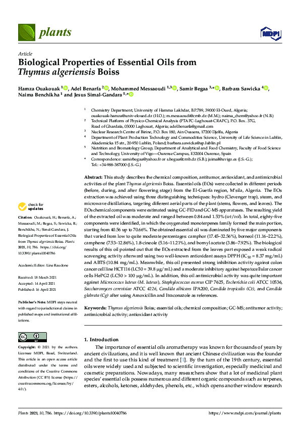 (PDF) Biological Properties of Essential Oils from Thymus algeriensis Boiss
