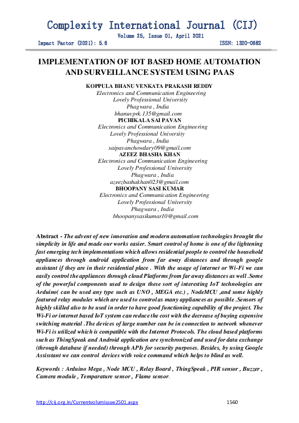 (PDF) IMPLEMENTATION OF IOT BASED HOME AUTOMATION AND SURVEILLANCE SYSTEM USING PAAS