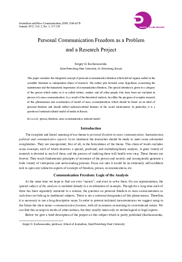 (PDF) Personal Communication Freedom as a Problem and a Research Project
