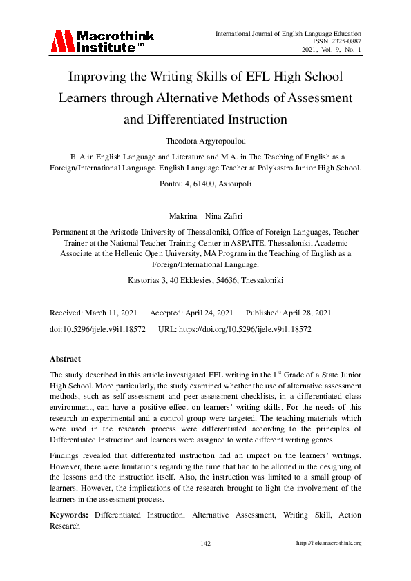 (PDF) Improving the Writing Skills of EFL High School Learners through Alternative Methods of ...