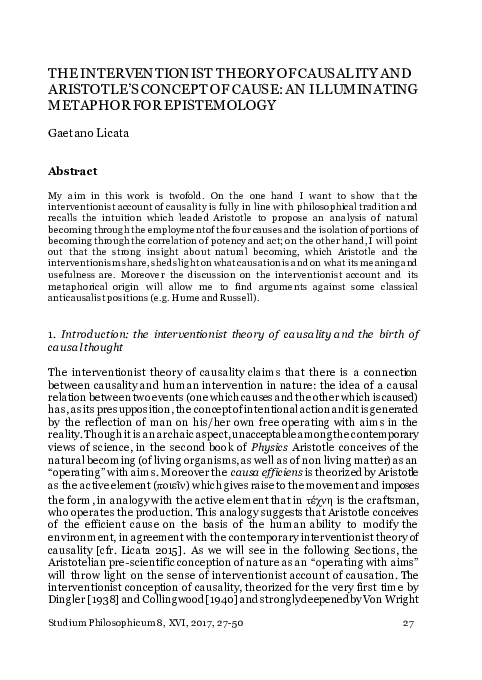 (PDF) The Interventionist Theory of Causality and Aristotle's Concept ...