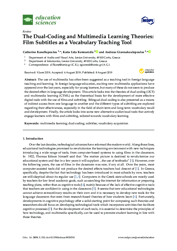 (PDF) The Dual-Coding and Multimedia Learning Theories: Film Subtitles ...