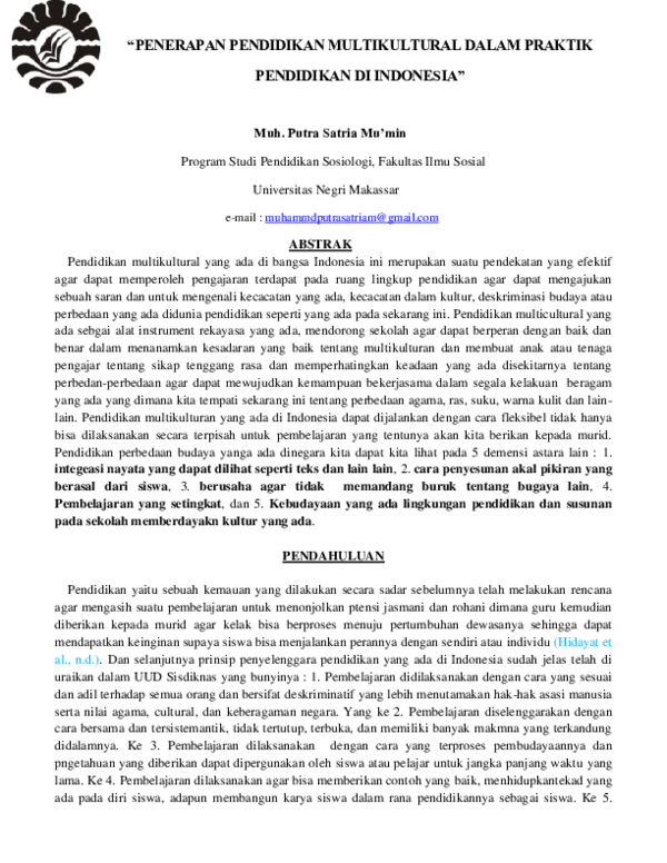 (PDF) "PENERAPAN PENDIDIKAN MULTIKULTURAL DALAM PRAKTIK PENDIDIKAN DI INDONESIA" | Putra Satria ...
