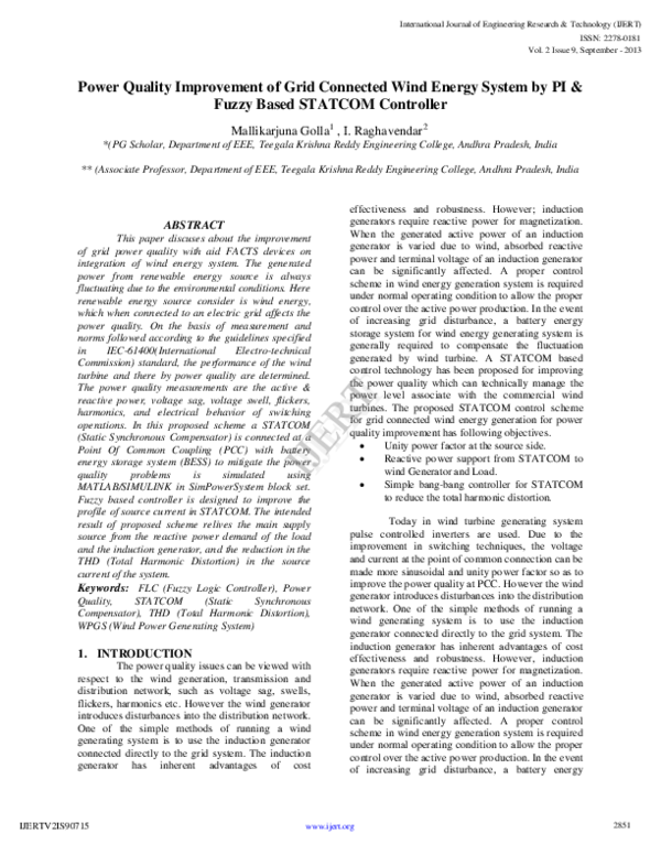 Pdf Ijert Power Quality Improvement Of Grid Connected Wind Energy