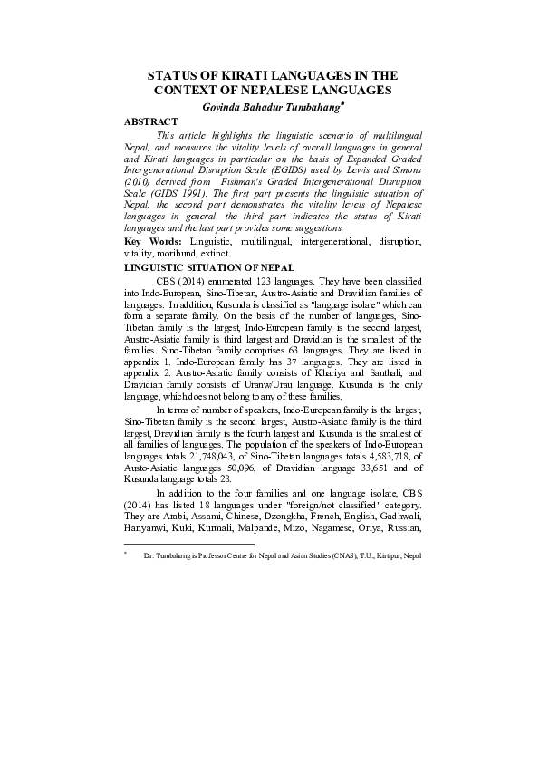 (PDF) Status of Kirati Languages In The Context of Nepalese Languages