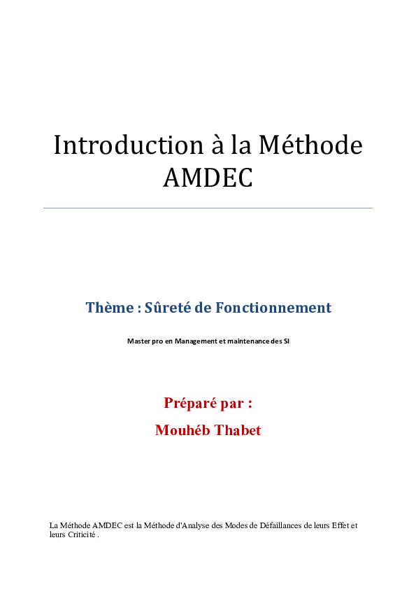 (PDF) Introduction à la Méthode AMDEC Thème : Sûreté de Fonctionnement